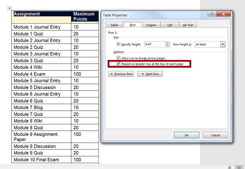 Designating A Header Row In Word Best Practices In Accessible Online